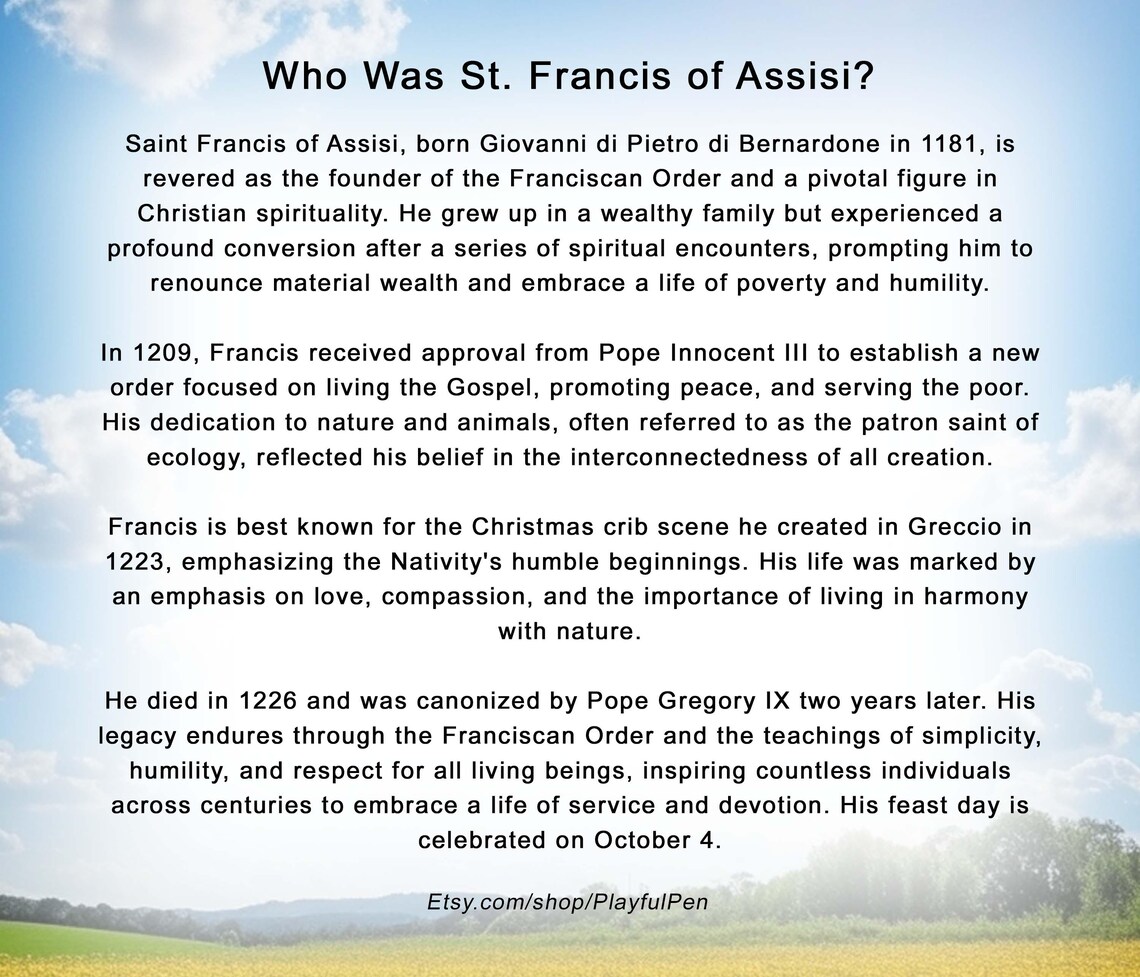 St Francis of Assisi Printable Poster Wall Art, Franciscan Saints ...