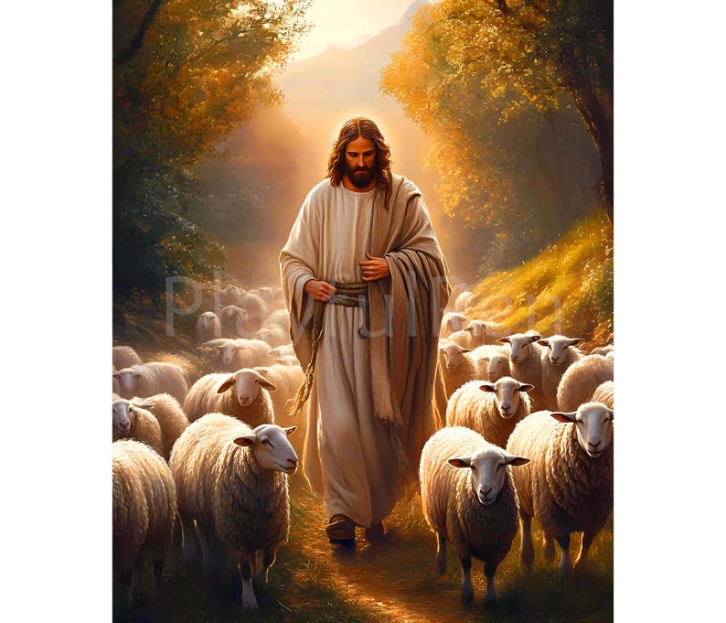 Jesus and the 99 Sheep Poster, Jesus With Sheep Printable Wall Art ...