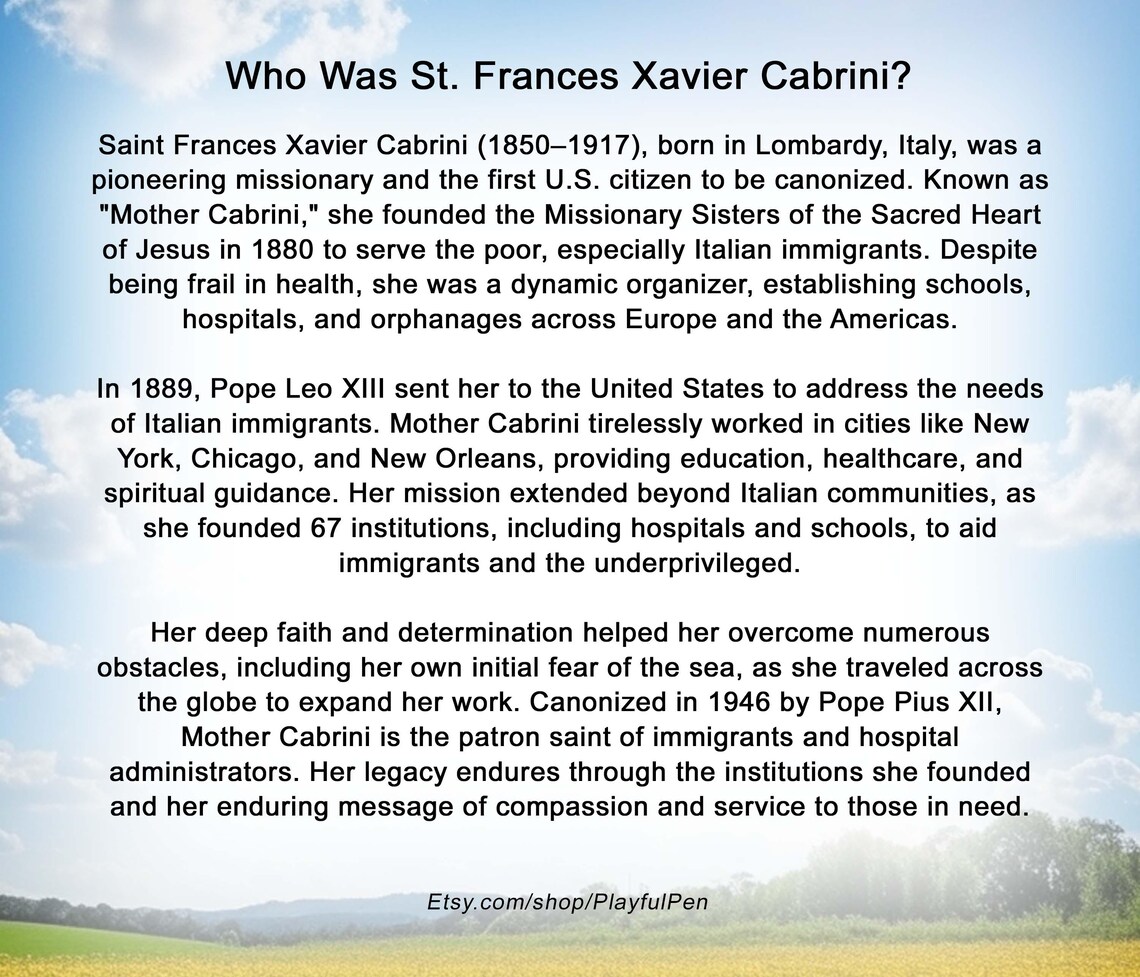 St Frances Xavier Cabrini Printable Wall Art, Mother Cabrini Catholic ...