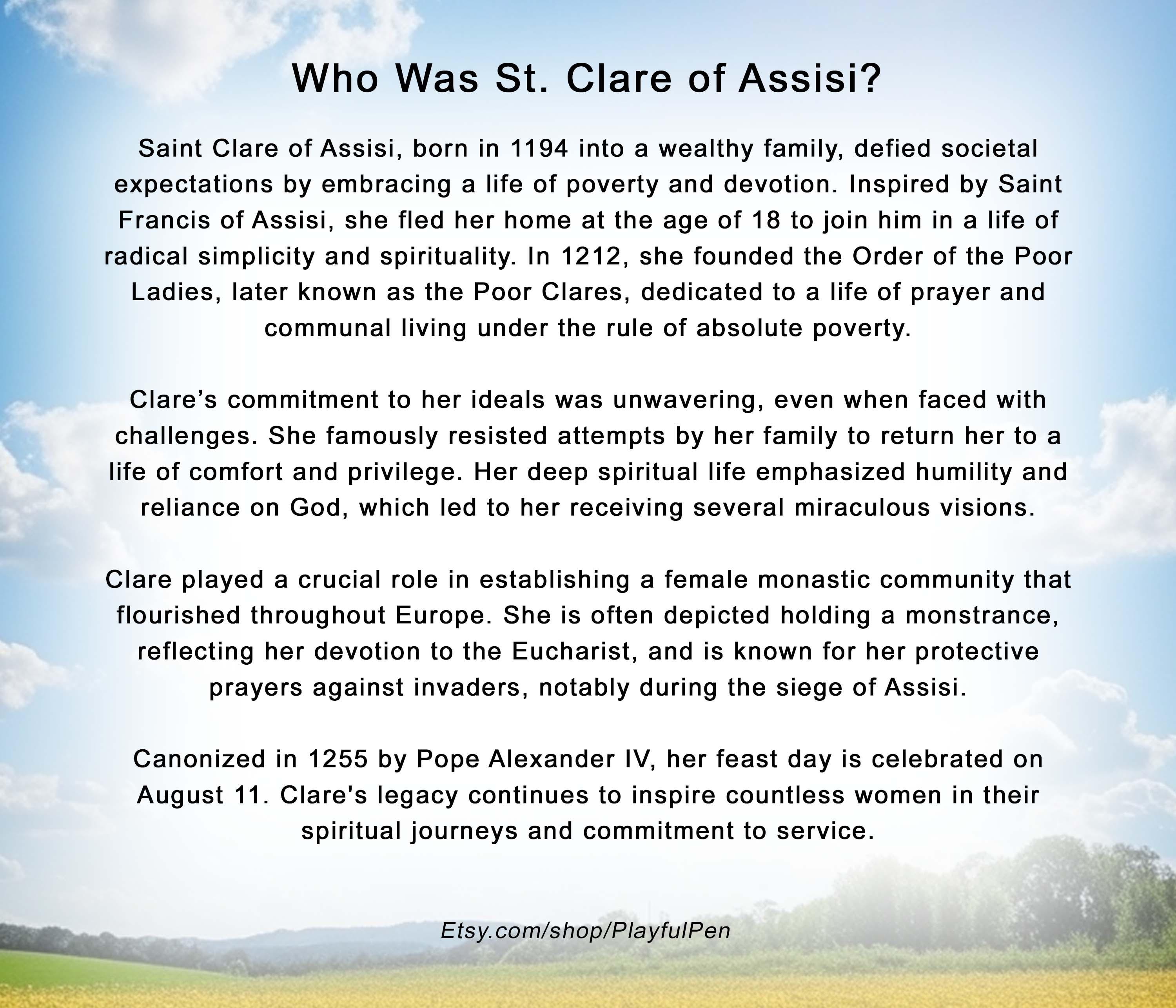 St Clare of Assisi Wall Art Printable, Franciscan Saints Christian ...