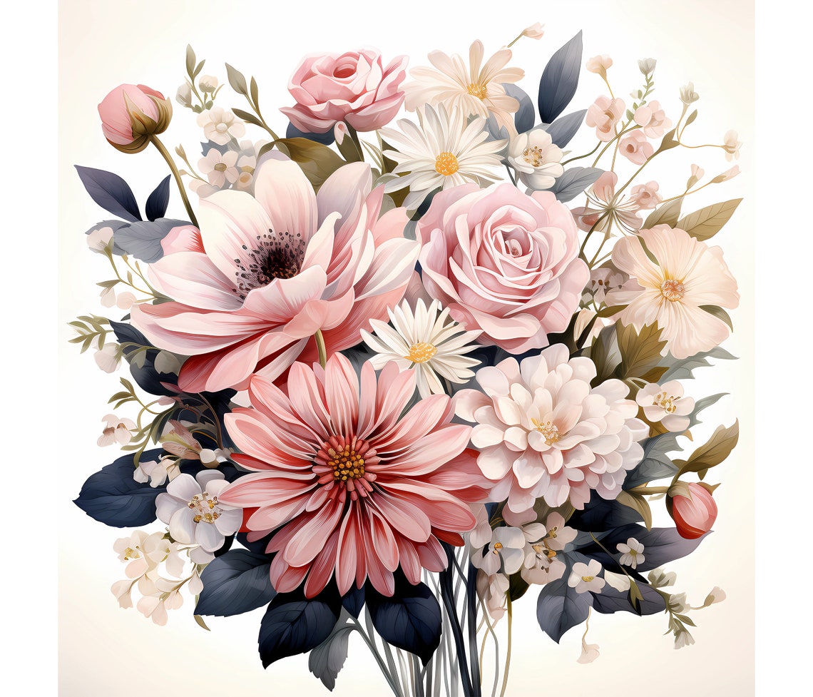 Shabby Chic Flowers Clipart, 8 High Quality Jpgs, Watercolor Pink ...