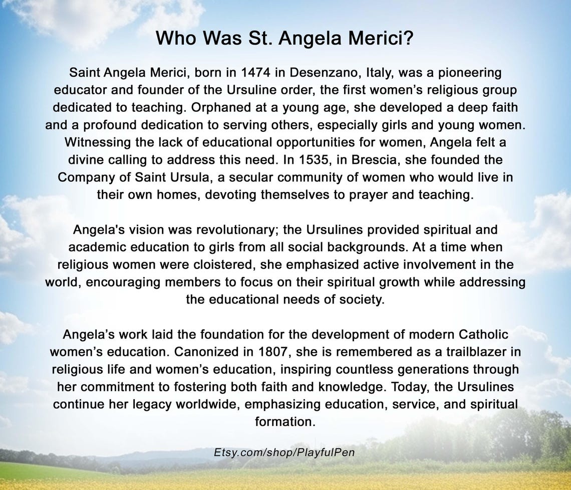 St Angela Merici Printable Wall Art, Catholic Women's Education ...
