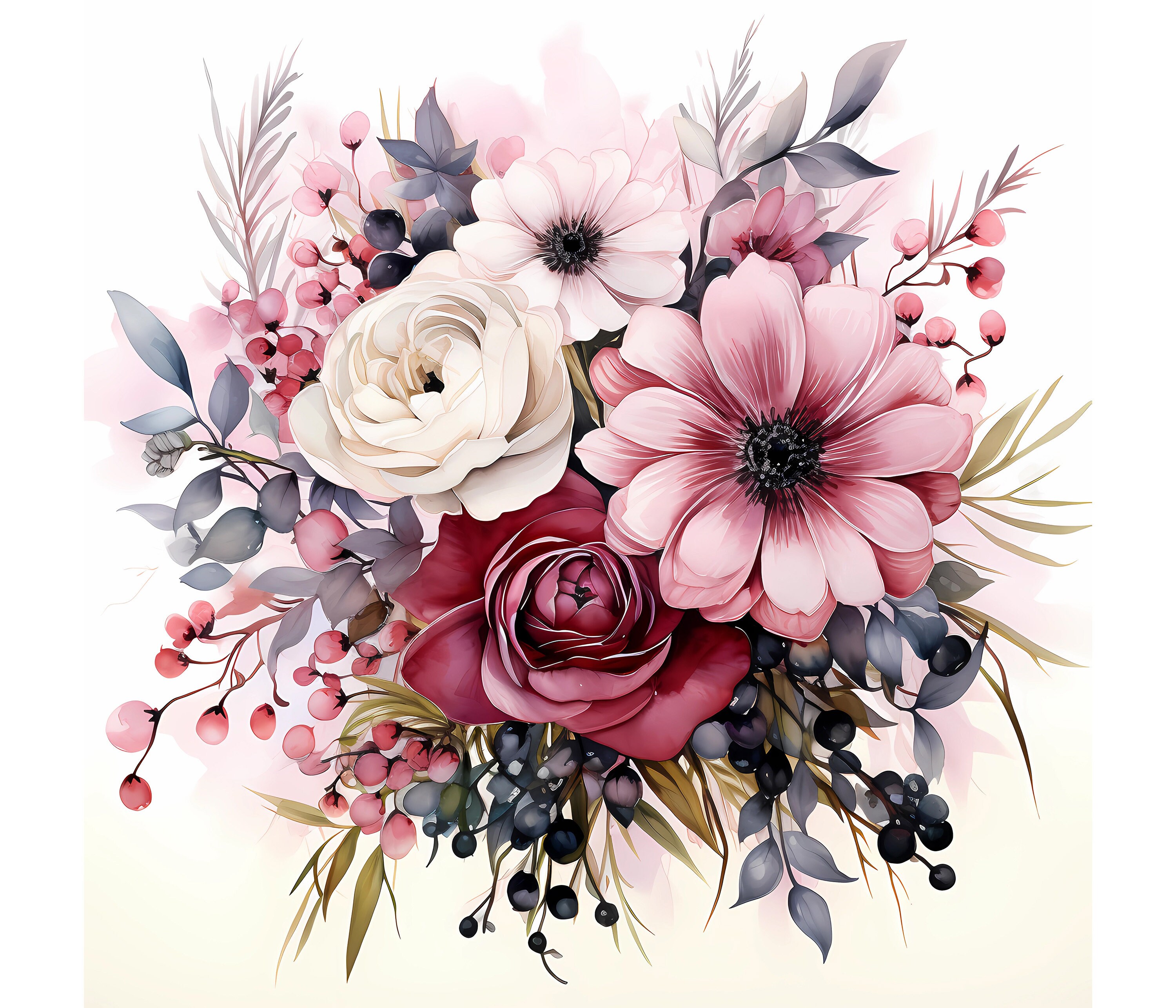 Shabby Chic Flowers Clipart, 8 High Quality Jpgs, Watercolor Pink ...