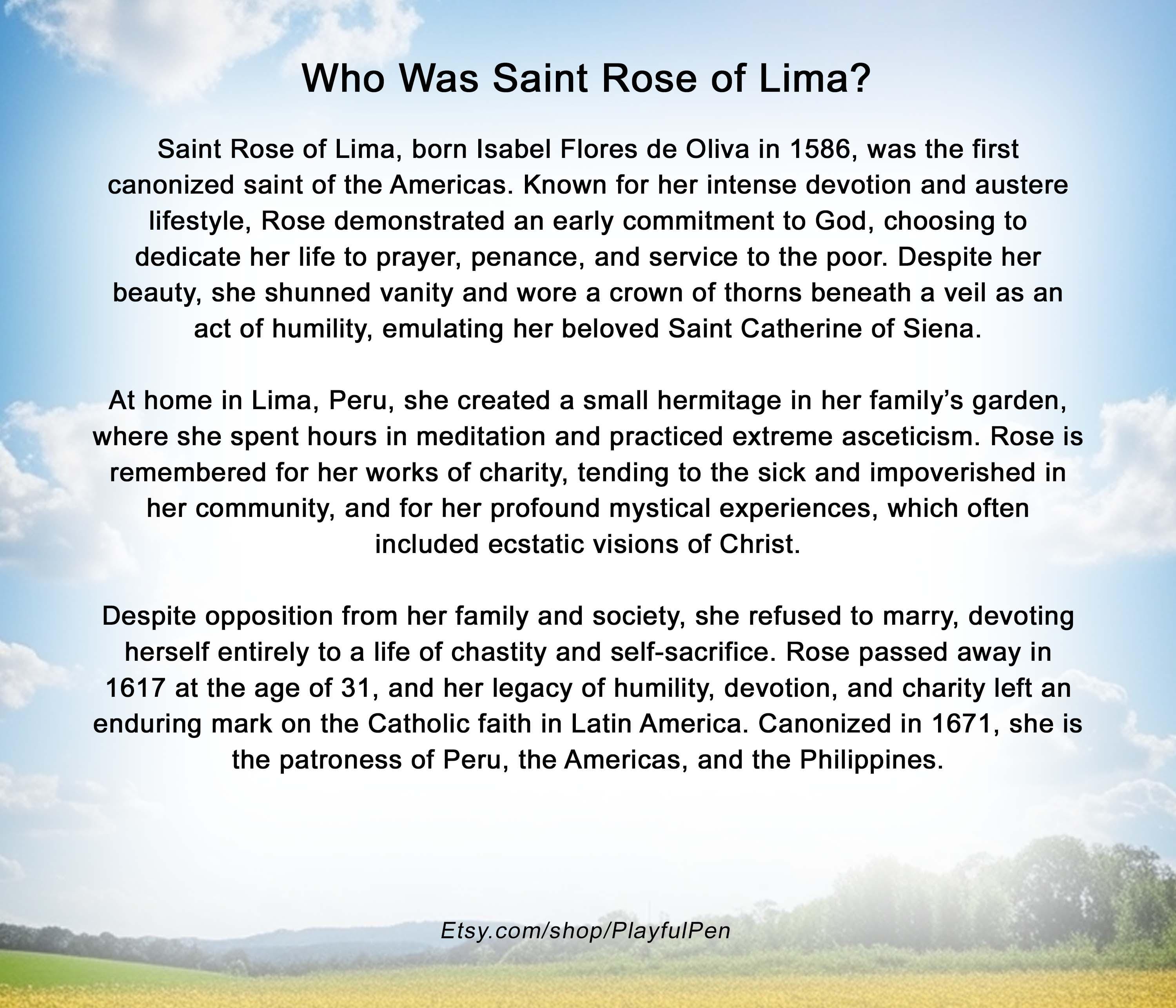 St Rose of Lima Wall Art Printable, Saint Rose of Lima Picture ...