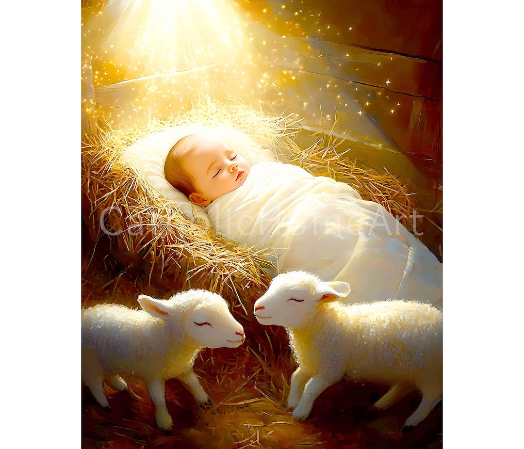 Nativity Scene Wall Art Printable Poster, Baby Jesus in the Manger With ...