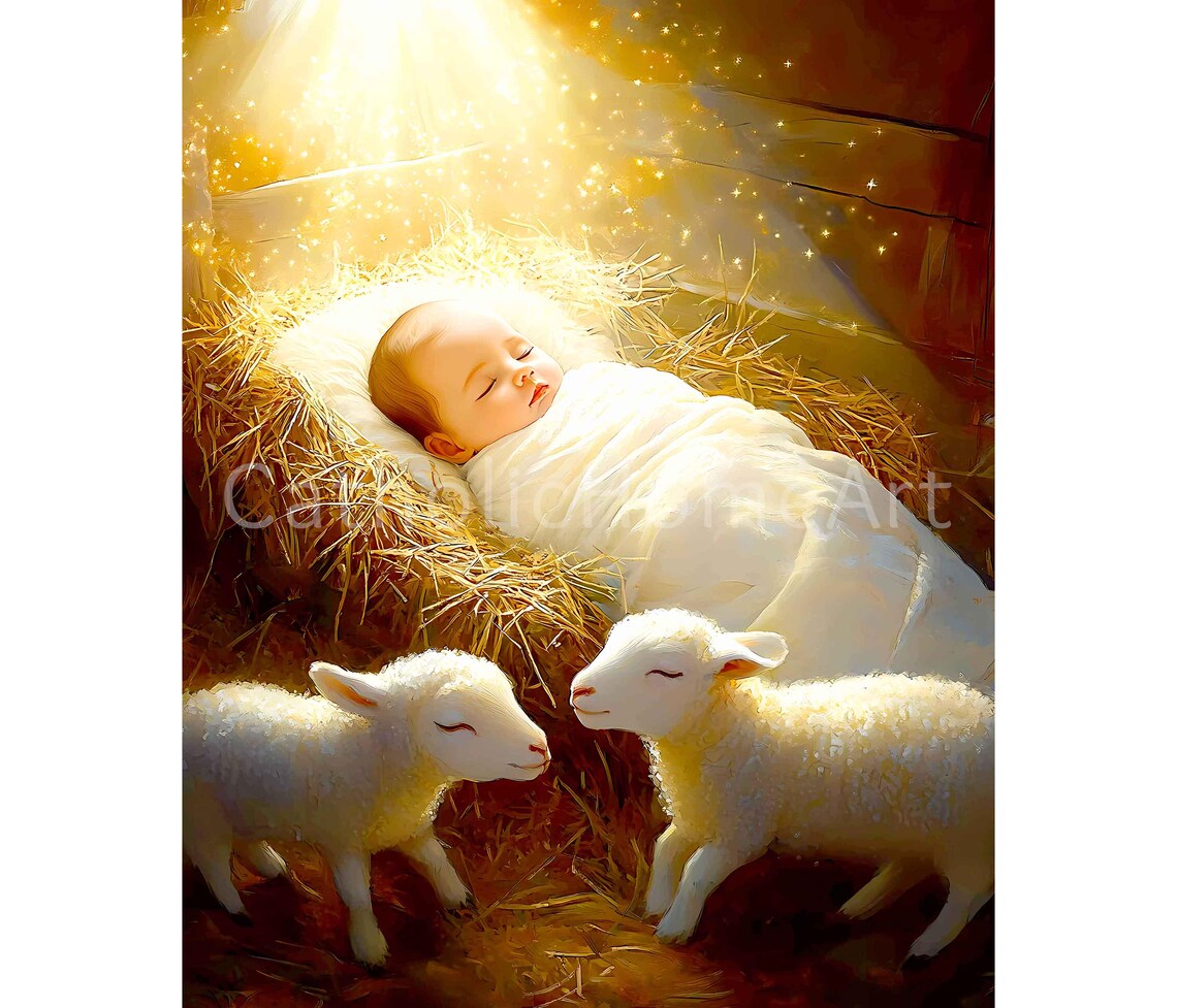 Nativity Scene Wall Art Printable Poster, Baby Jesus in the Manger With ...