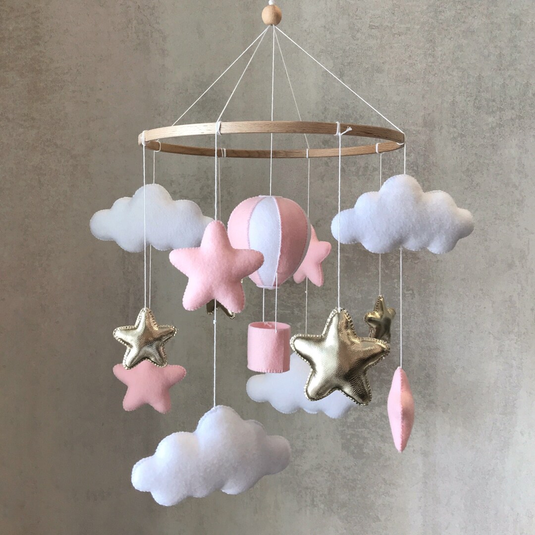 Baby Mobile Pink Hot Air Balloon Girl Nursery Decor Stars Clouds ...