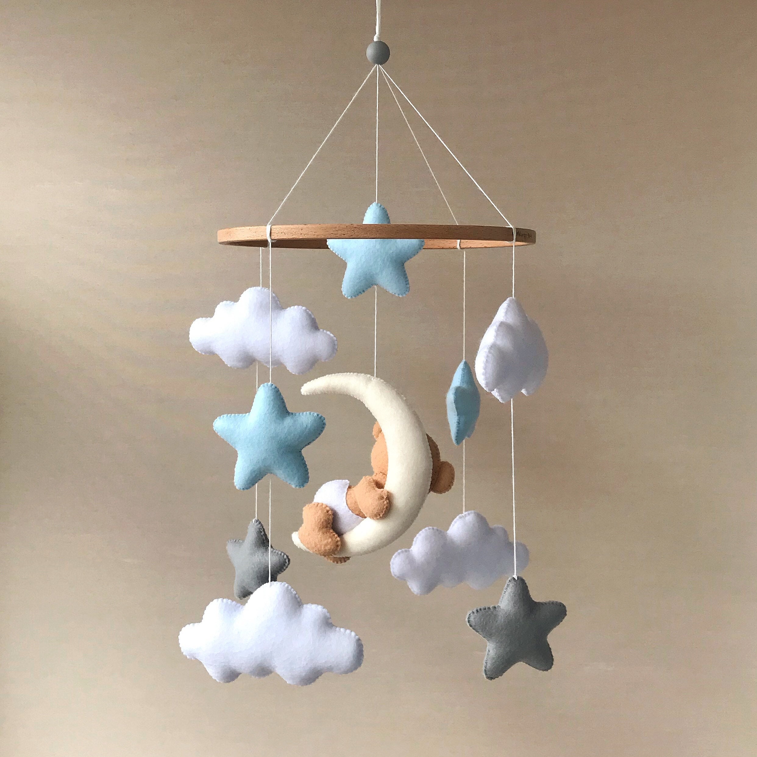 Baby Mobile Boy Bear and Moon. Stars and Clouds Neutral Nursery Decor ...