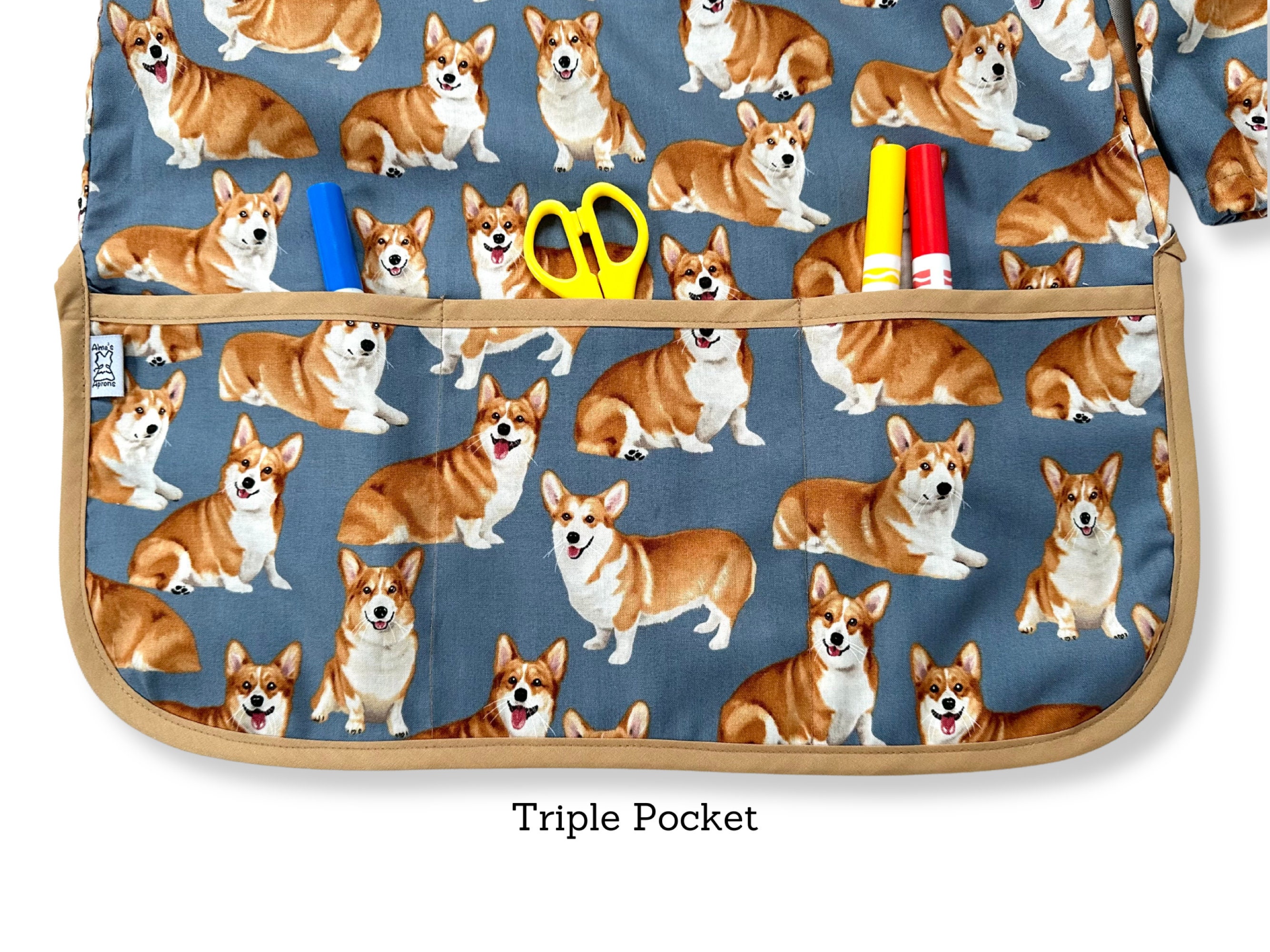 Kids Art Smock in Long Sleeves, Cotton Print in Cute Corgi Dog Prints ...