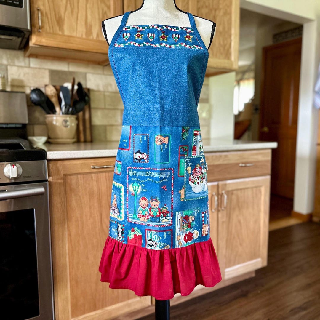 Upcycled Holiday Apron: Teddy Bears, Snowmen, Red Ruffle - Etsy