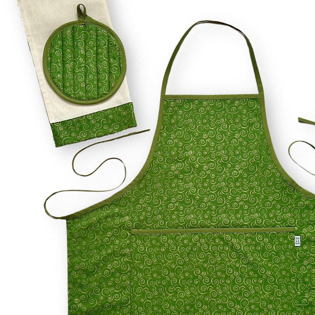Elegant Sage Green Cotton Apron Set With Matching Tea Towel and Hot Pad ...