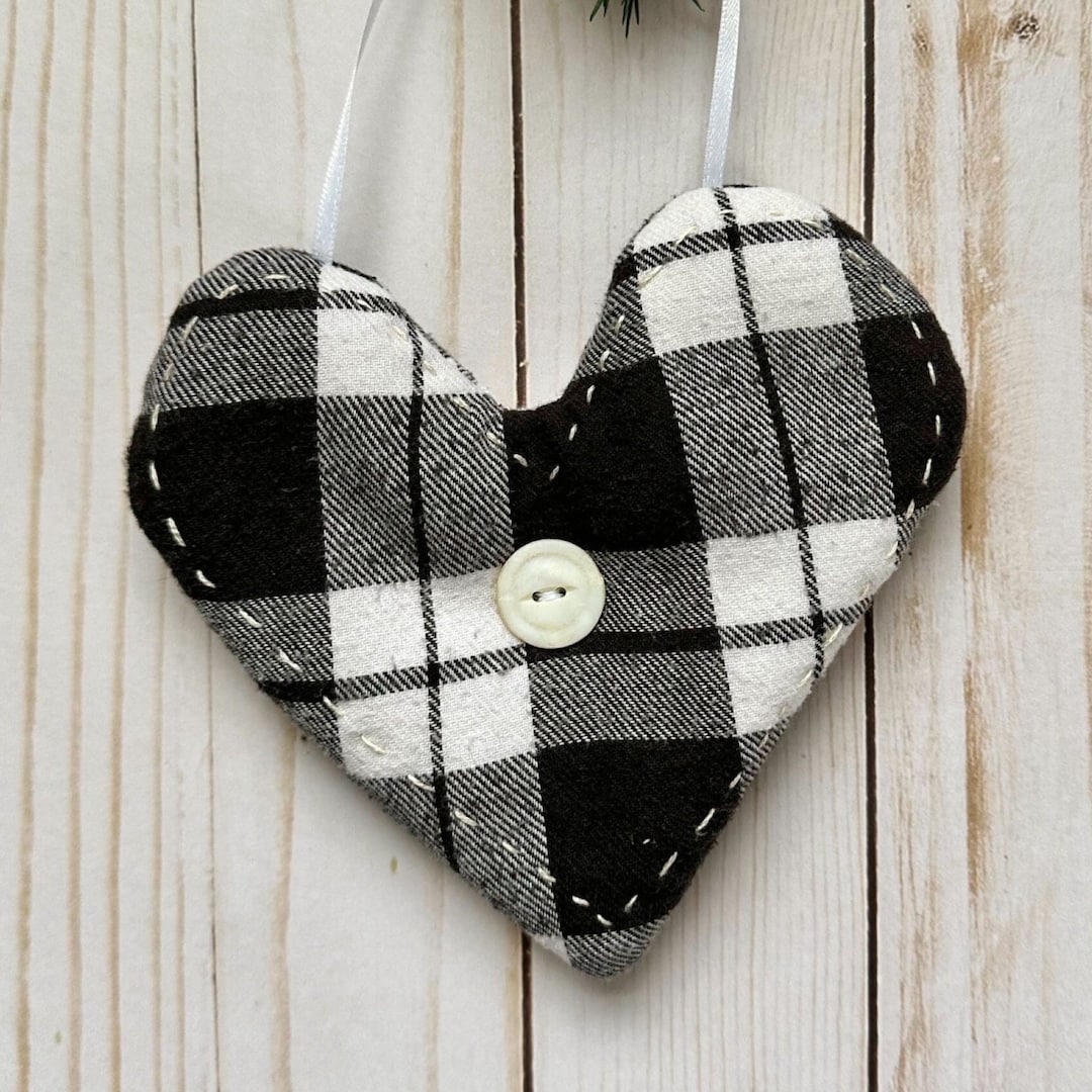 Flannel Heart Ornament, Rustic Cabin Theme Puffy Hearts, Upcycled With ...