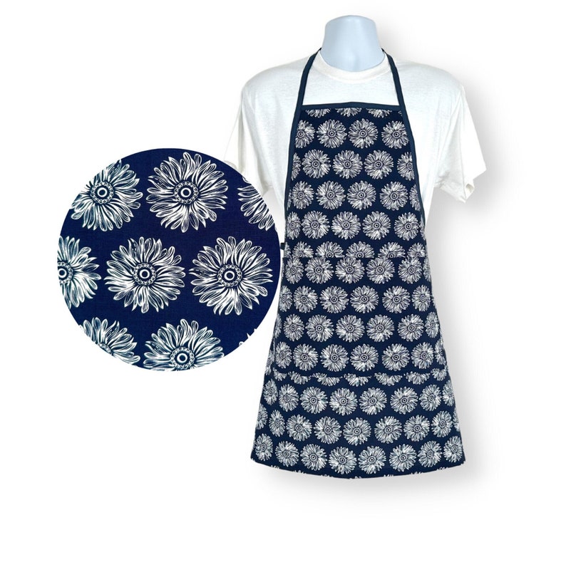 Navy Blue Apron for Women, Cotton Print With White Art Deco Flowers ...