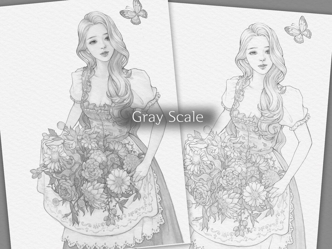 FLORIST_ Coloring PDF, 8 Variants, Coloring Pages for Adults, Grayscale ...