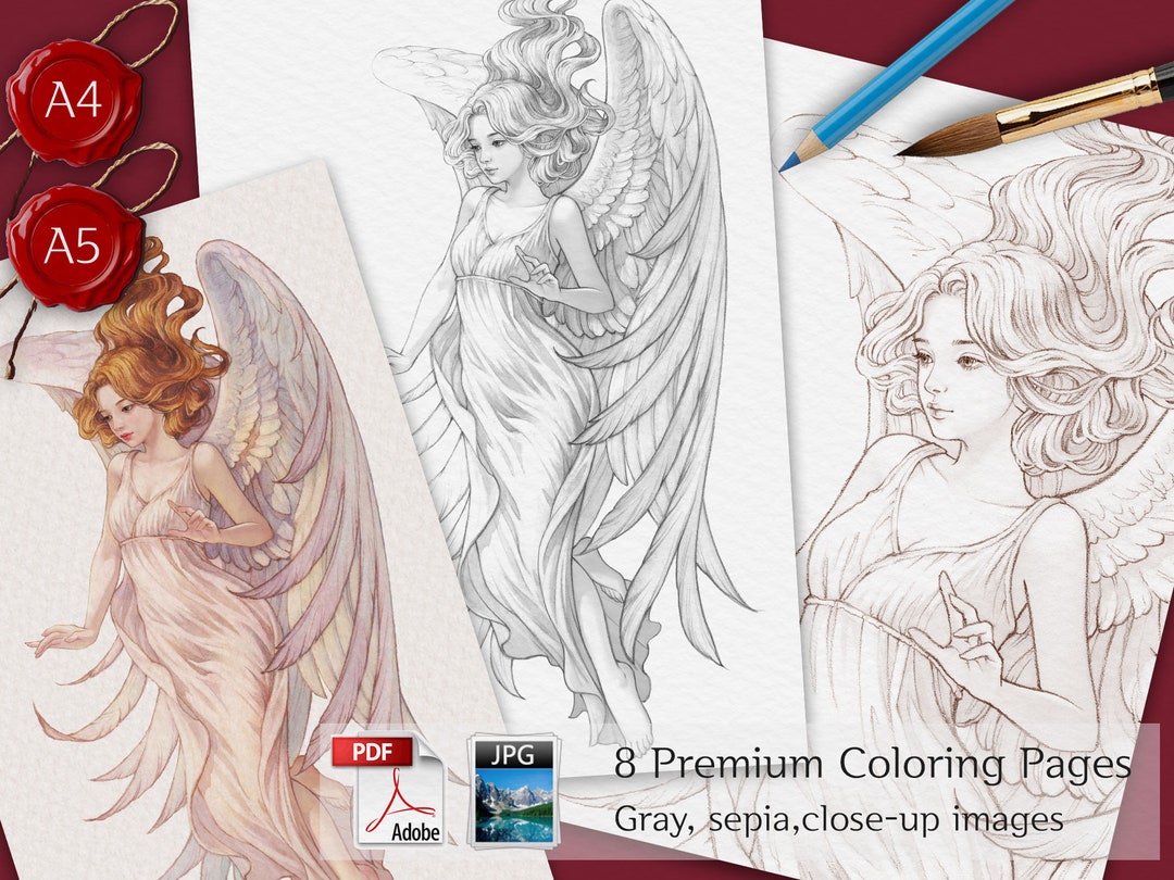 ANGEL / Coloring Page, Coloring PDF for Adults, Grayscale Coloring ...