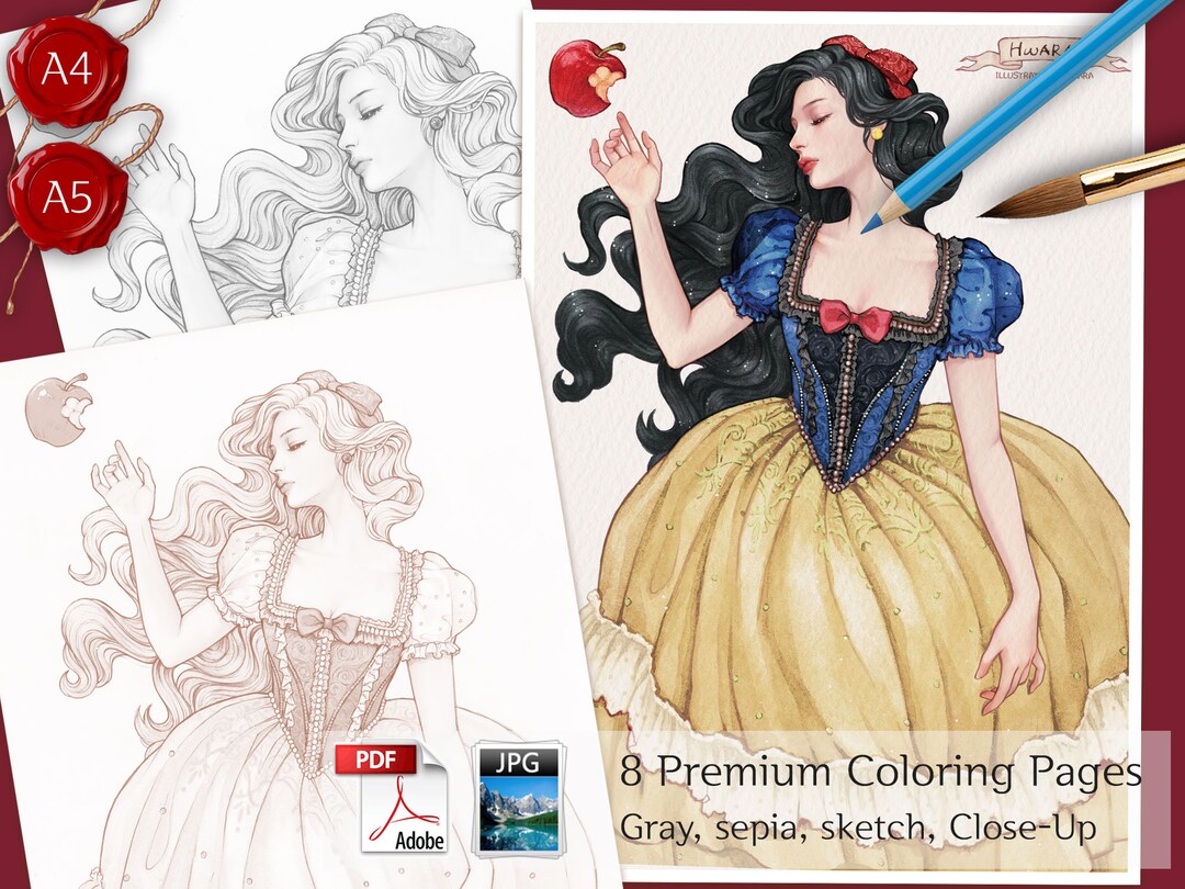Snow White/ Fairy Tale Coloring Page PDF for Adults, Grayscale Coloring ...