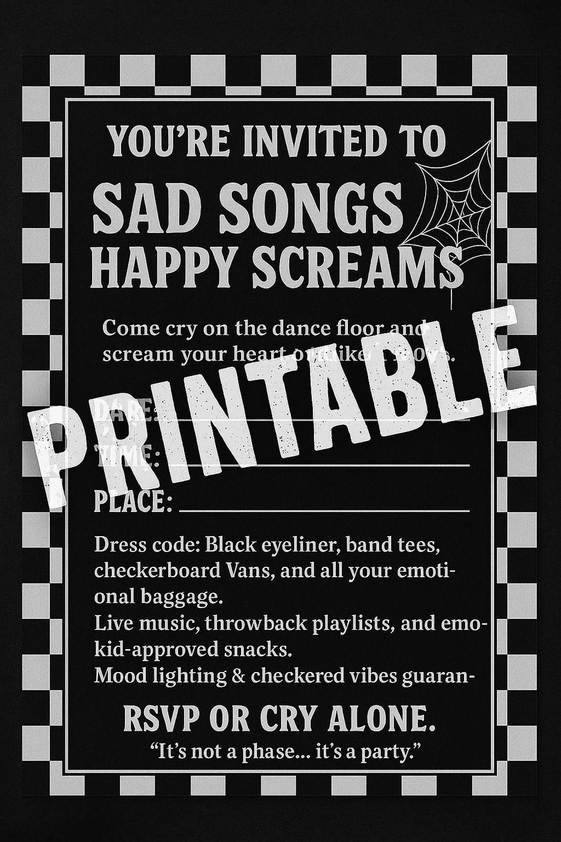 Emo Party Invitation | Editable PDF | Printable Scene Kid Invite | Sad ...