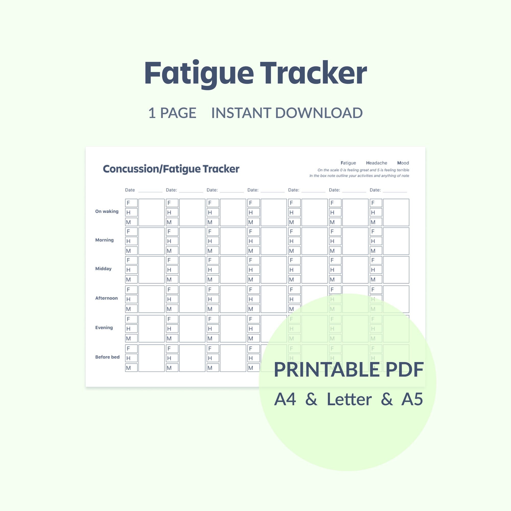 Concussion Fatigue Tracker Printable PDF, for Concussion Head Injury ...