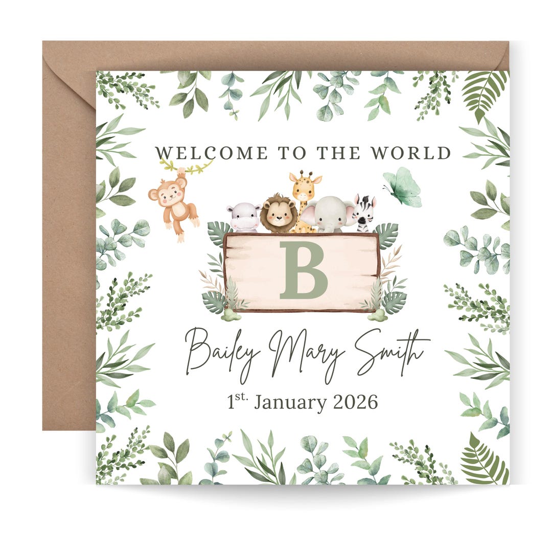 Personalised Jungle New Baby Card – Safari Animal Welcome to the World ...