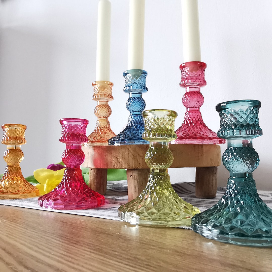 Glass Dinner Candlestick Vintage Jewelled Textured Tall Taper Candle ...