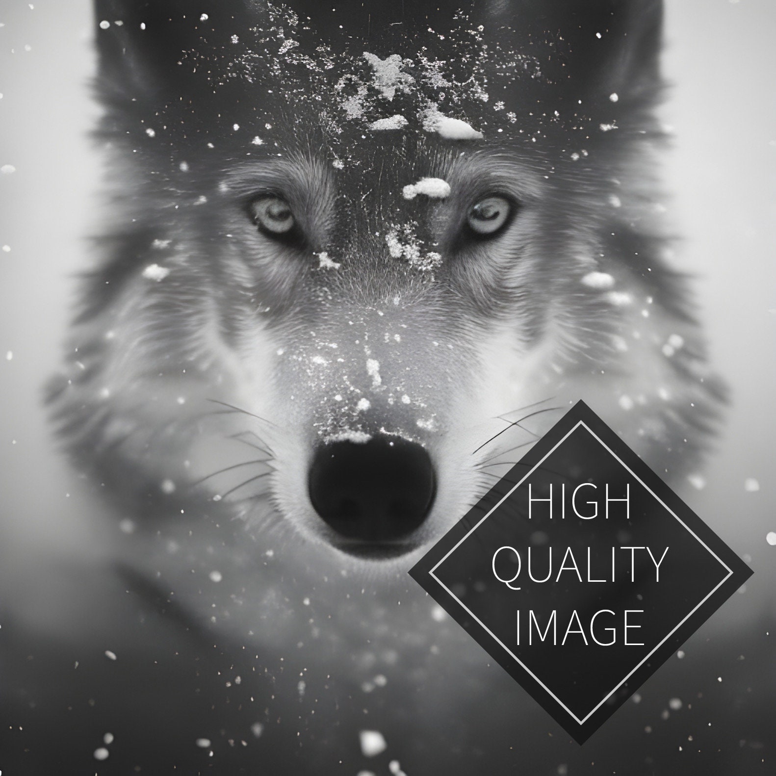 Snowy Wolf Poster, Grayscale Animal Art, White Wolf in Snow, Dramatic ...
