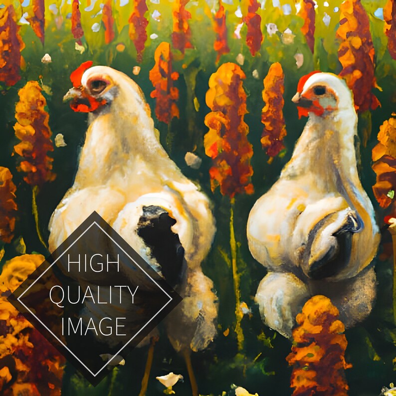 Snapdragon Chickens Poster, Painting Style Print, White Rooster & Hen ...