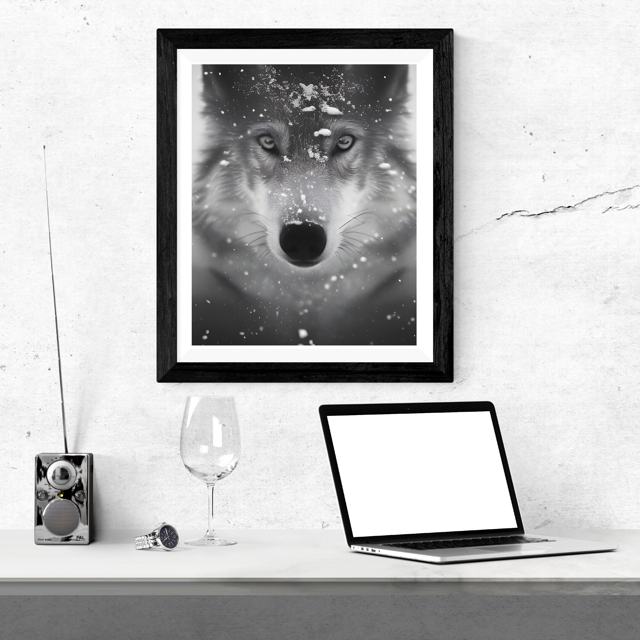 Snowy Wolf Poster, Grayscale Animal Art, White Wolf in Snow, Dramatic ...