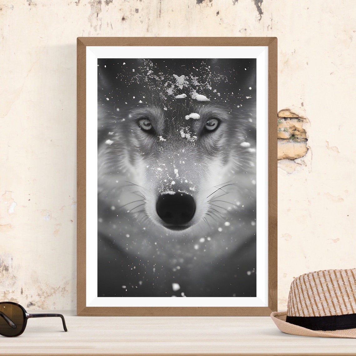 Snowy Wolf Poster, Grayscale Animal Art, White Wolf in Snow, Dramatic ...
