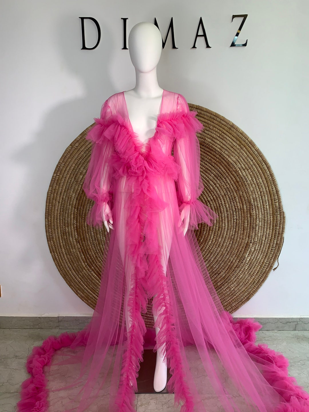 Hot Pink Tulle Robe Boudoir Robe Fluffy Ruffle Maternity Dress Dressing ...