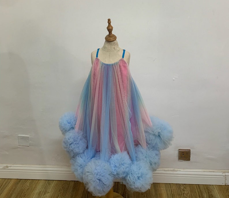 Rainbow Dress Birthday Ruffled Tulle Dress Multicolor Pom - Etsy