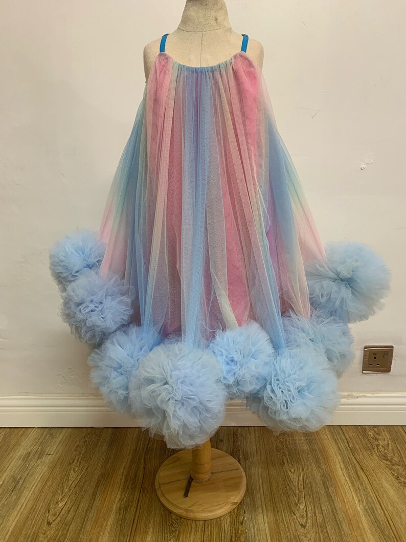 Rainbow Dress Birthday Ruffled Tulle Dress Multicolor Pom - Etsy