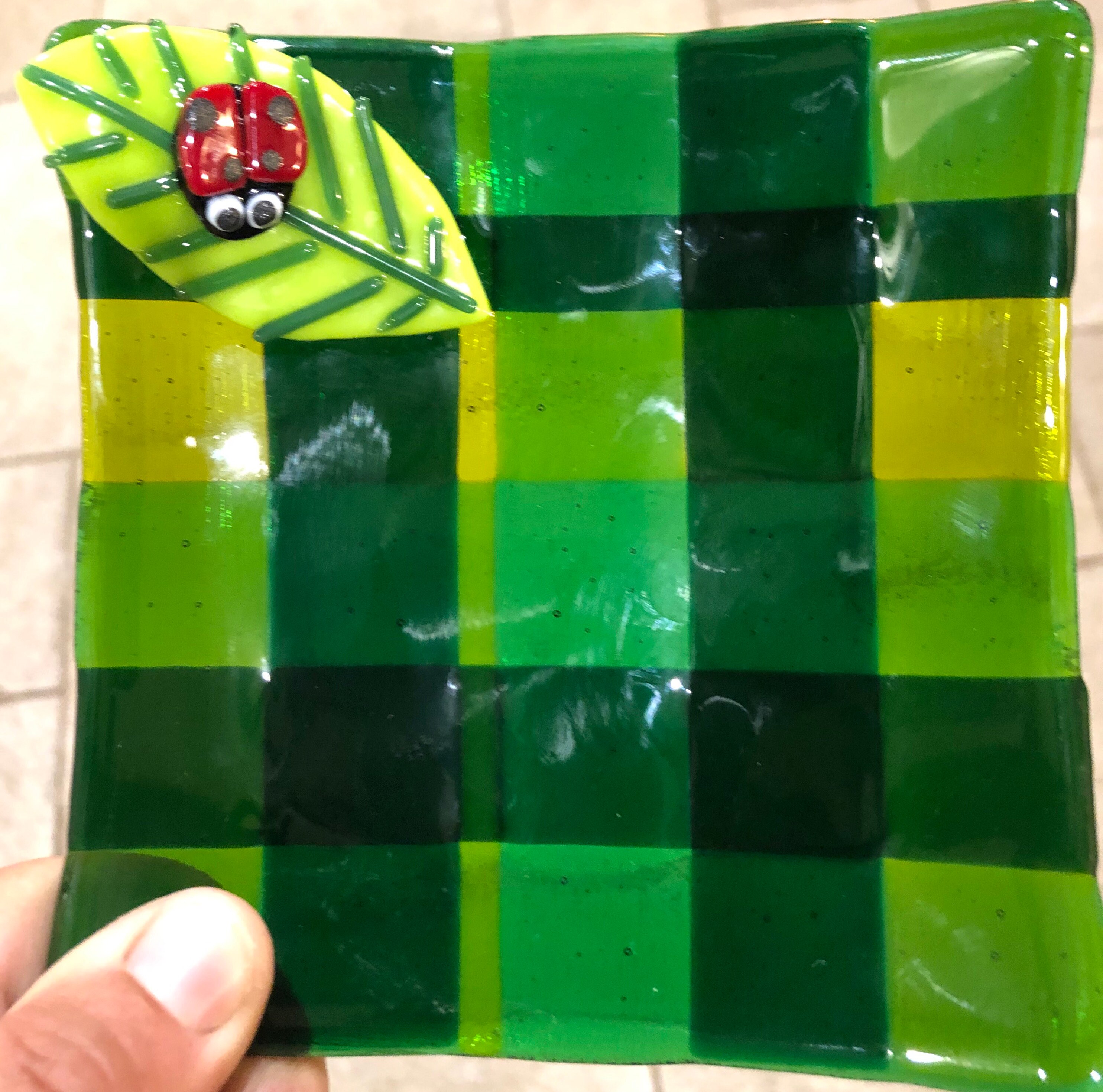 Fused glass ladybird/ ladybug transparent green leaf tea | Etsy