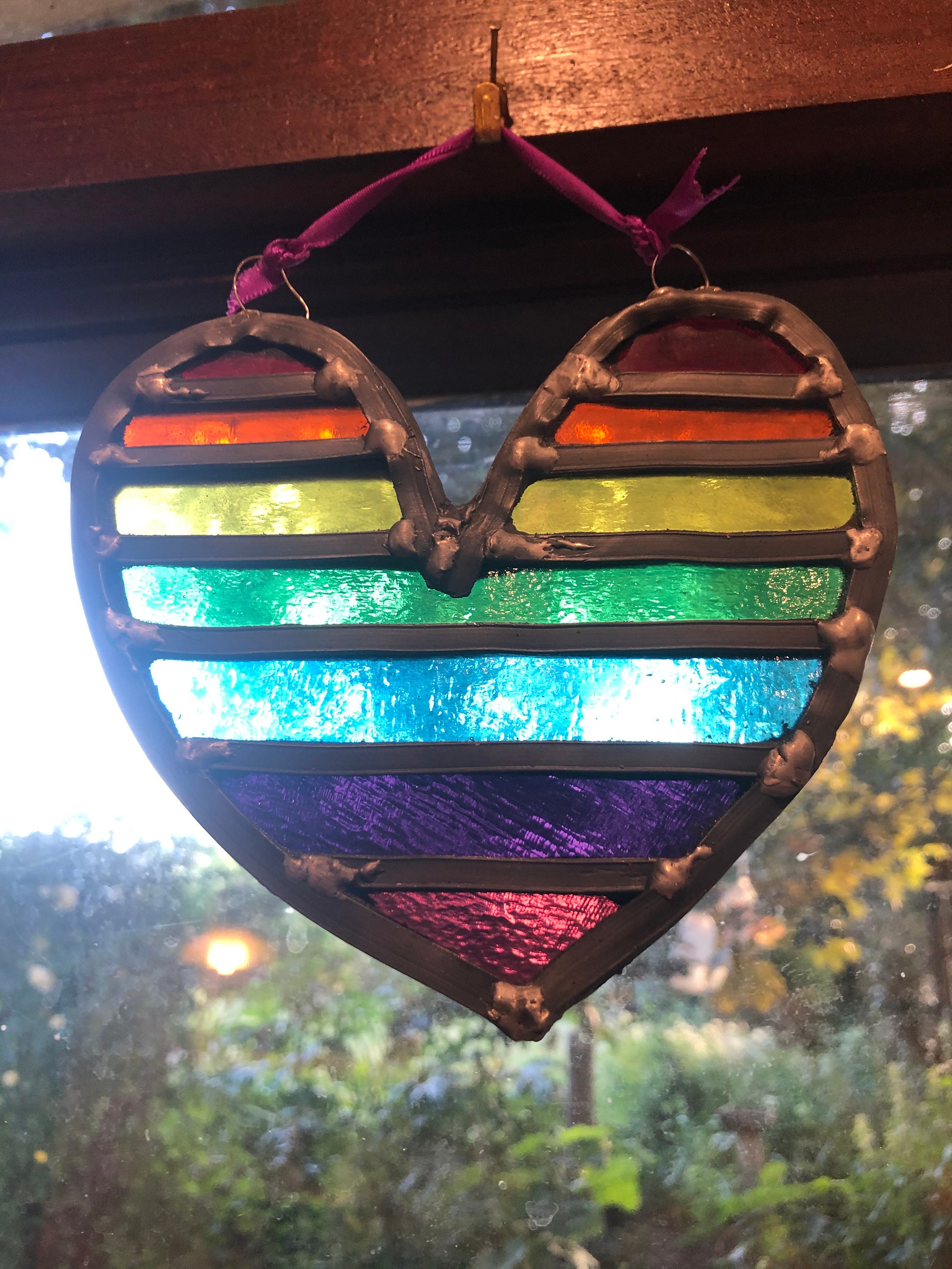 Traditional Stain Glass Window Hanger, Sun Catcher. Rainbow Heart - Etsy