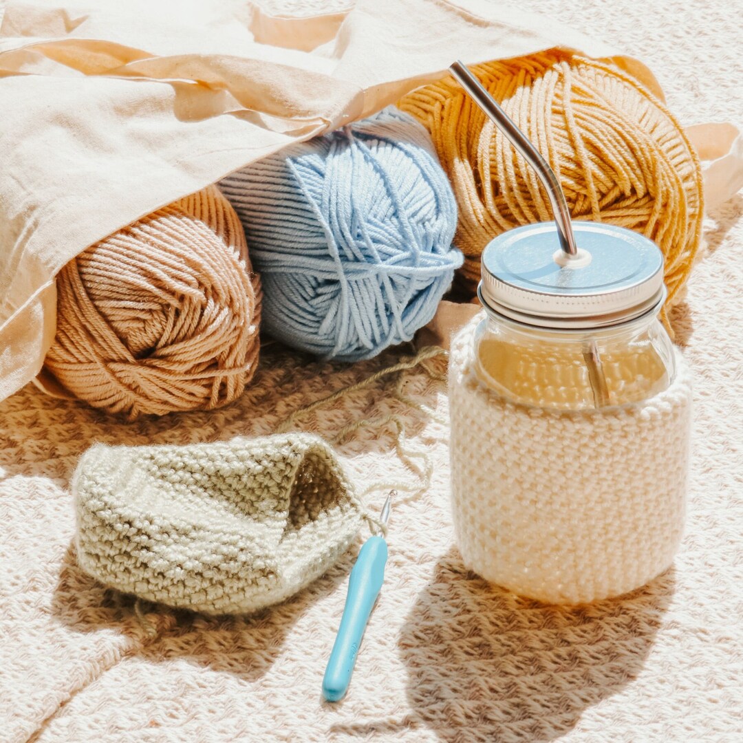 Crochet Cup Koozie With Glass Cup | Cup Coozie With Glass Cup + Straw ...