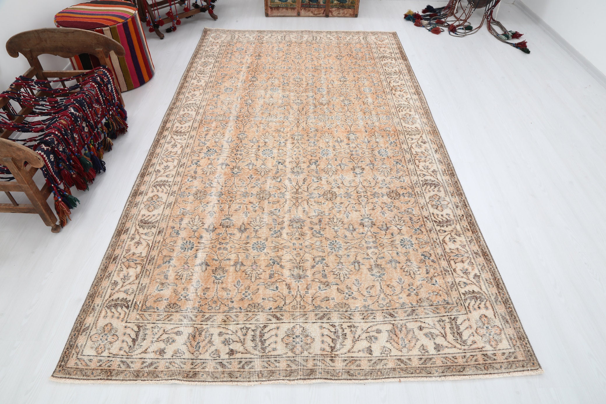 5x10 Area Rug Beige Border Blue Floral Orange Carpet Soft | Etsy