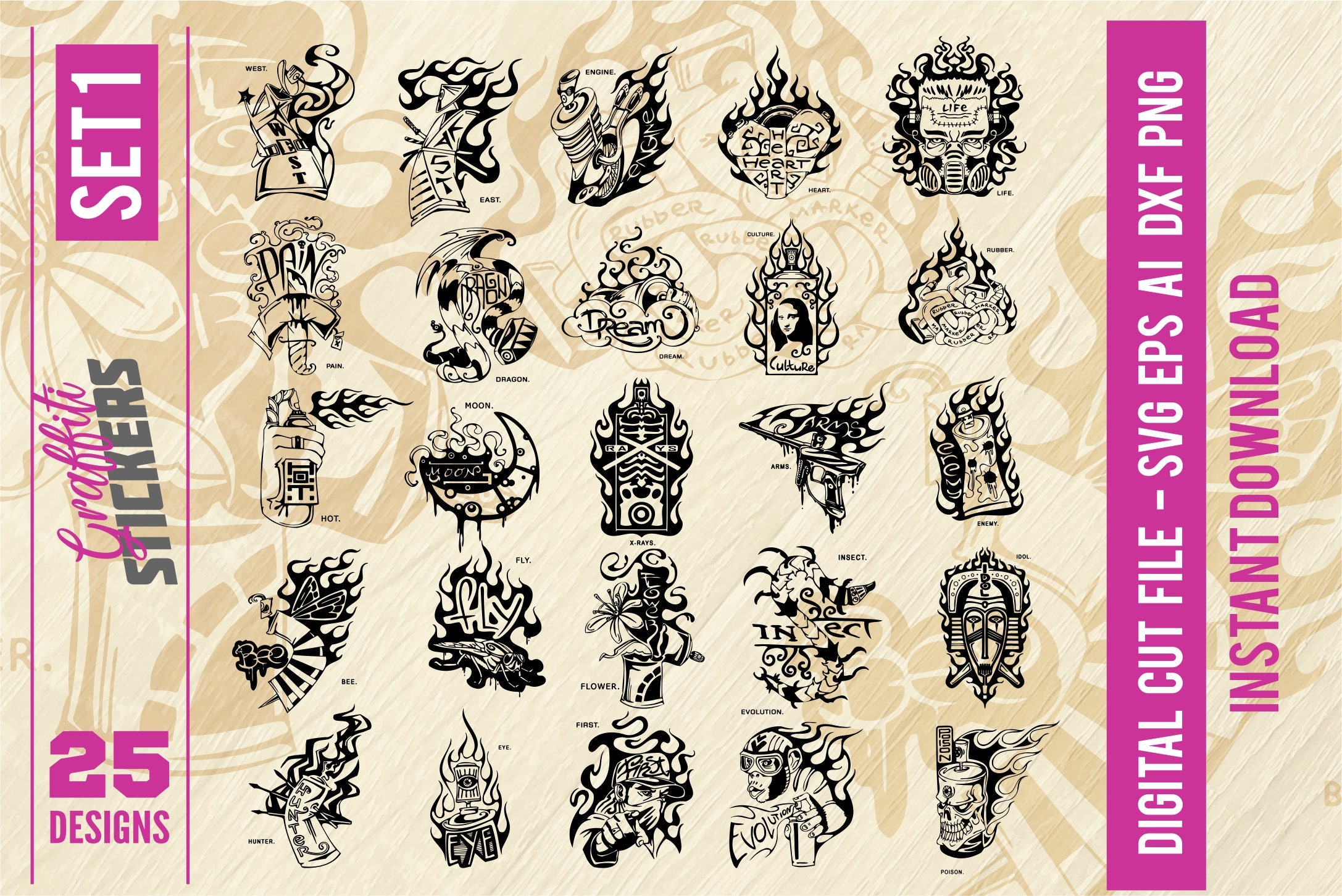 Graffiti Stickers Set 25 SVG, Bundle Graffiti Shirt Svg, Graffiti Art ...