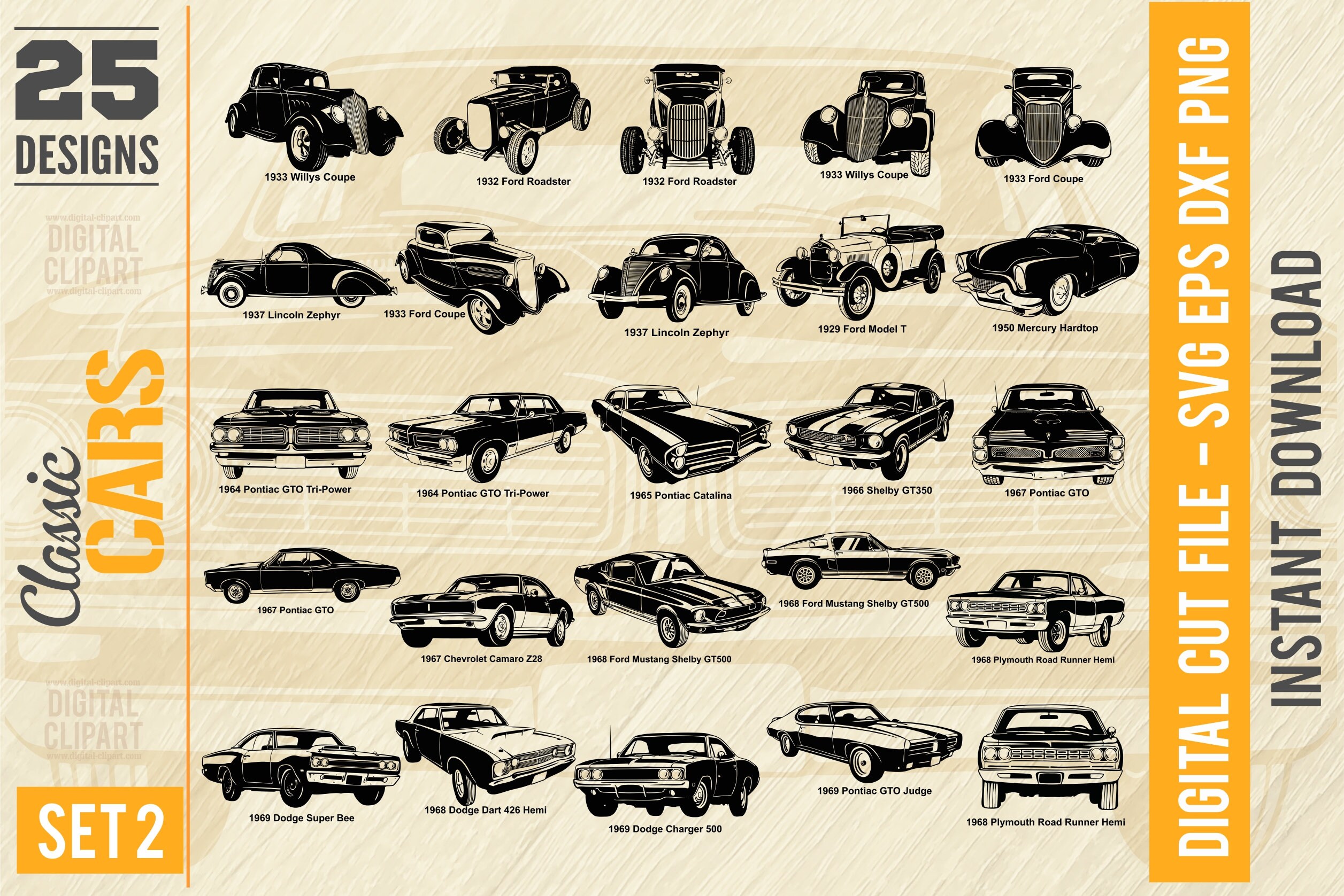 Classic Cars Pack 25 SVG Vector Clipart Cut Ready Clip Art Cricut File ...