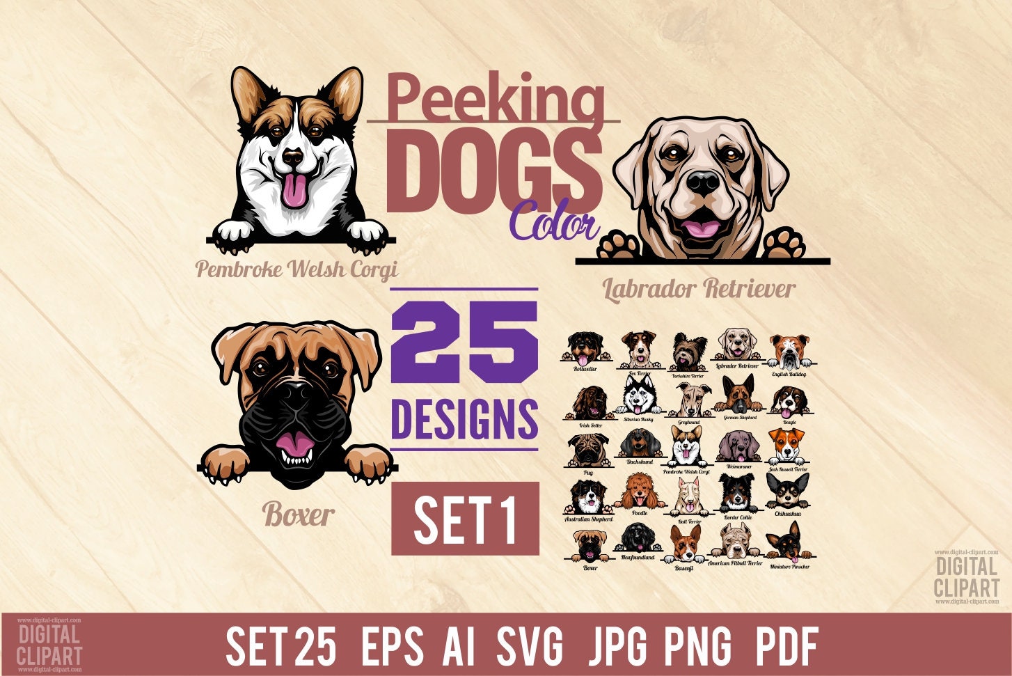 Peeking Dogs Set SVG 25 Layered Vector Images Dogs Breed Vector Clipart ...