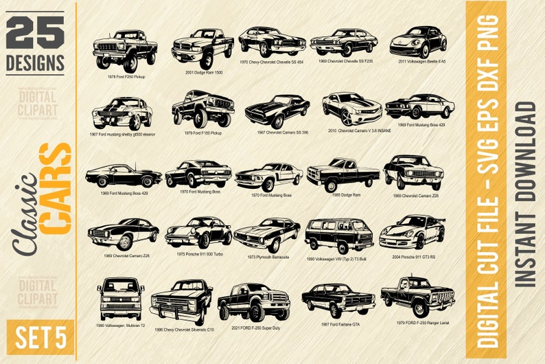 Classic Cars Pack 25 SVG Vector Clipart | Cut Ready Clip Art Cricut ...