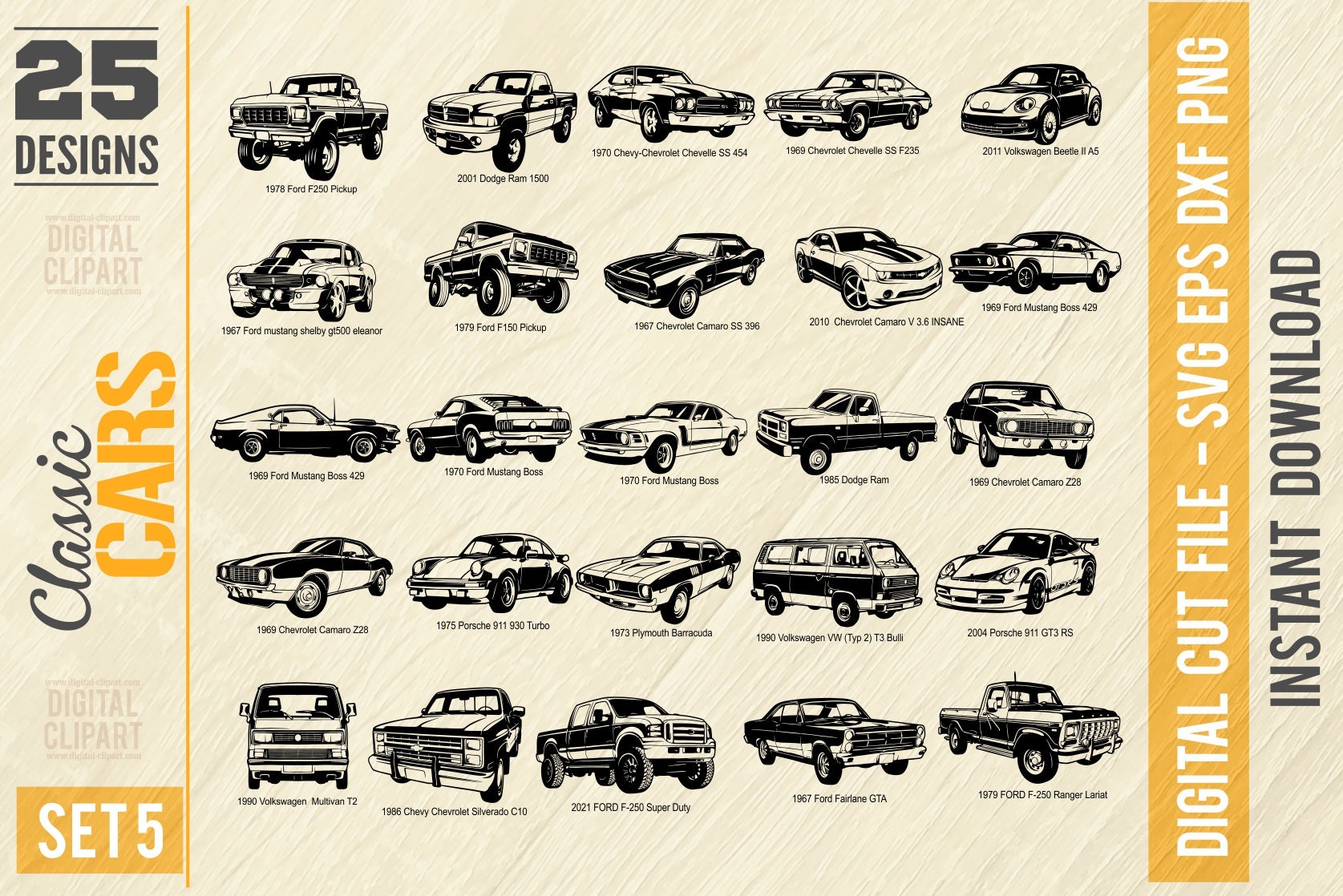 Classic Cars Pack 25 SVG Vector Clipart Cut Ready Clip Art Cricut File ...