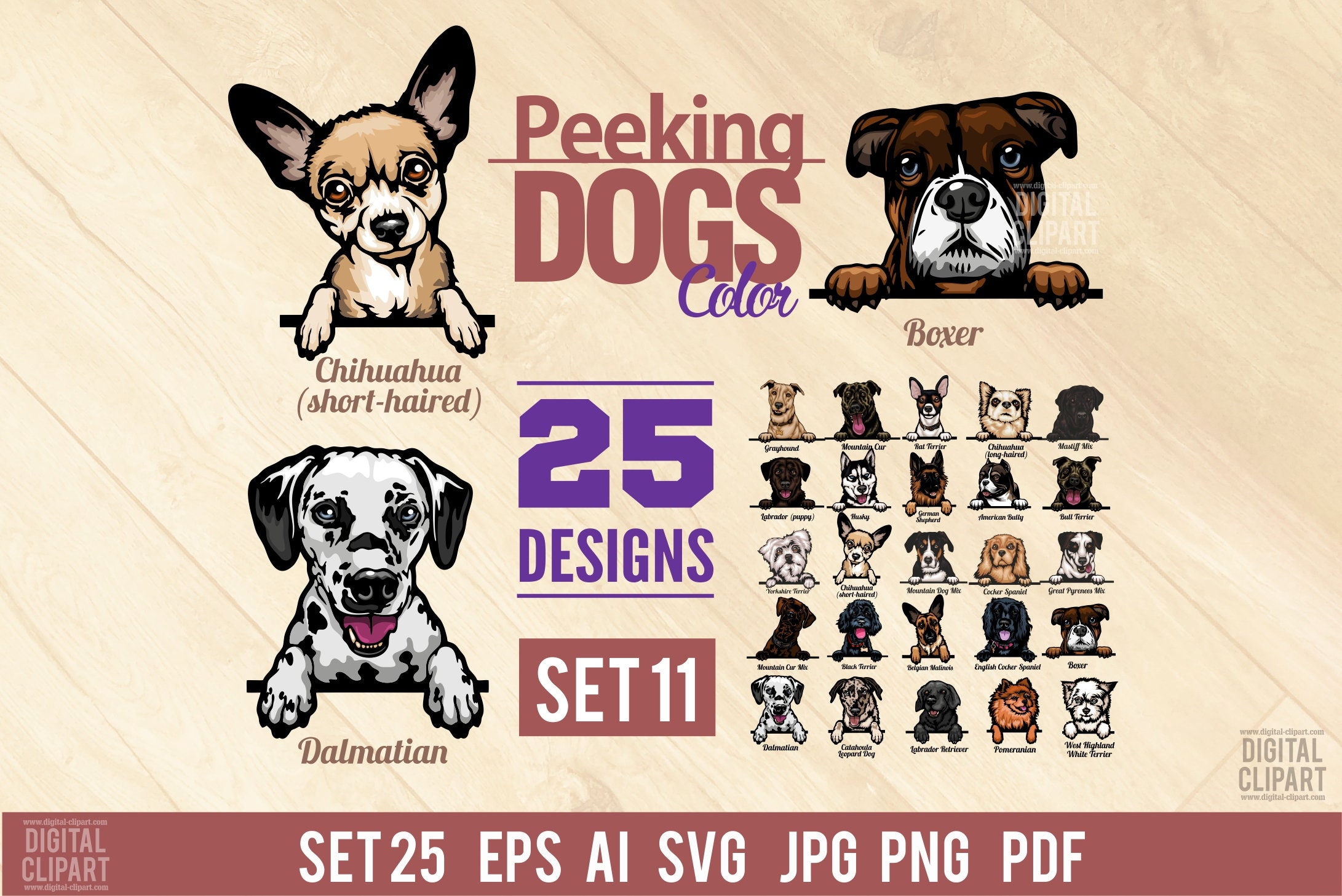 Peeking Dogs Set SVG - 25 Layered Vector Images - Dogs Breed Vector ...