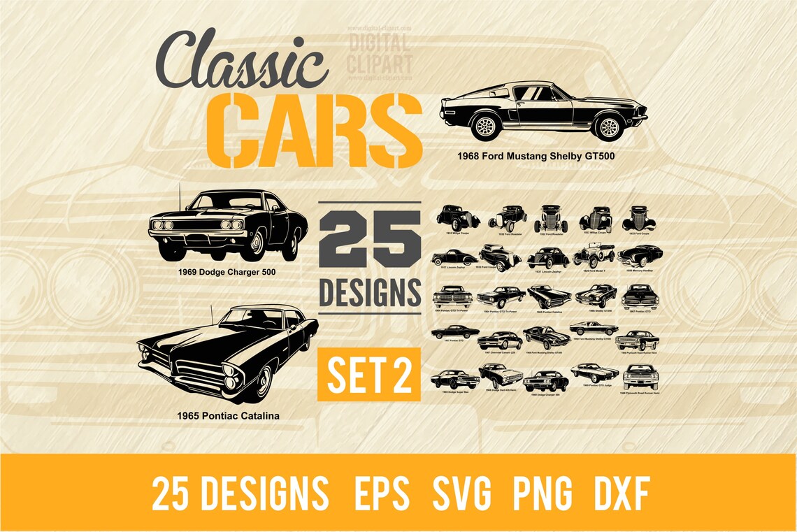 Classic Cars Pack 25 SVG Vector Clipart Cut Ready Clip Art Cricut File ...