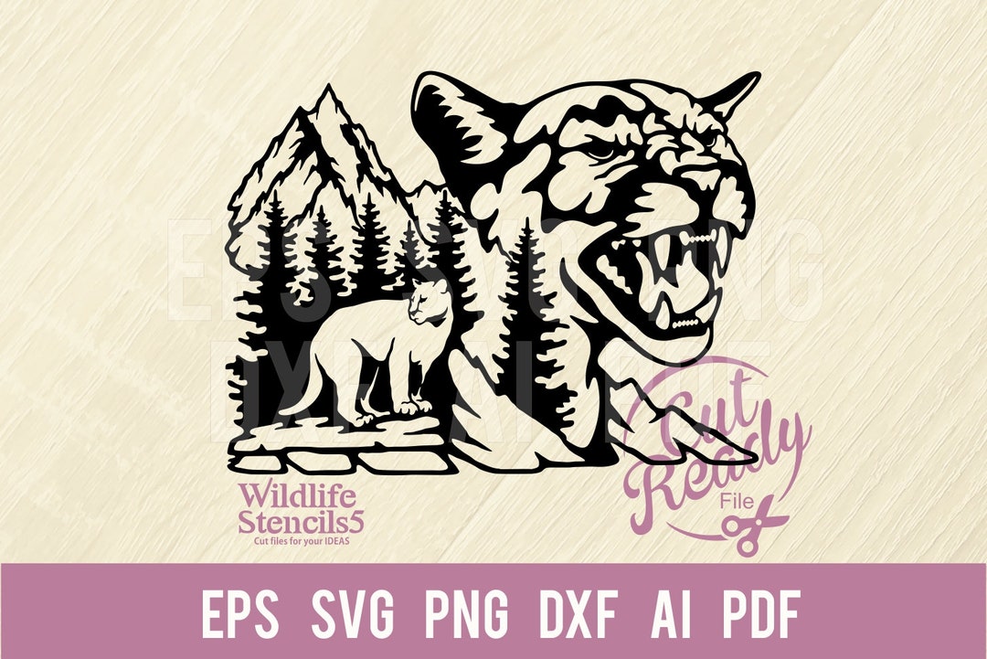 Cougar SVG, Forest Landscape Svg, Hunting SVG Stencil, Cut SVG, Clipart ...