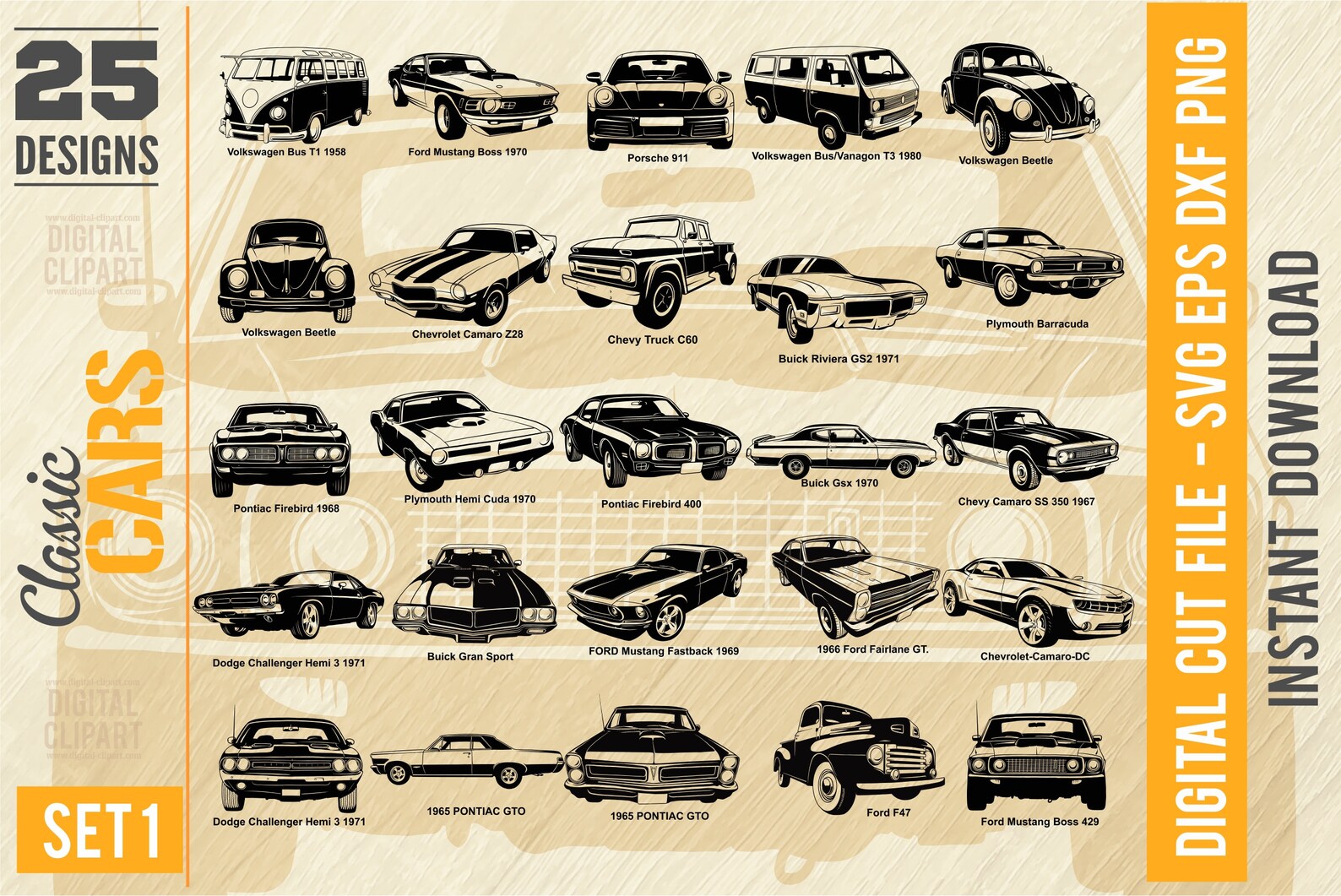 Classic Cars Pack 25 SVG Vector Clipart Cut Ready Clip Art Cricut File ...