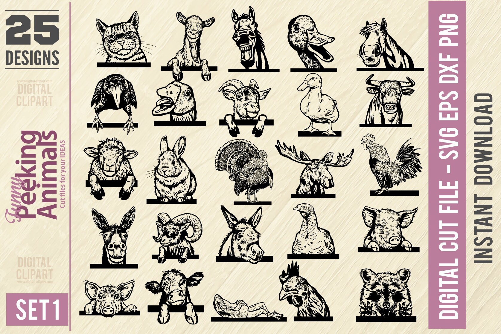 Funny Peeking Animals - Bundle 25 SVG - Set 2- Funny Animals SVG 25 Cut ...