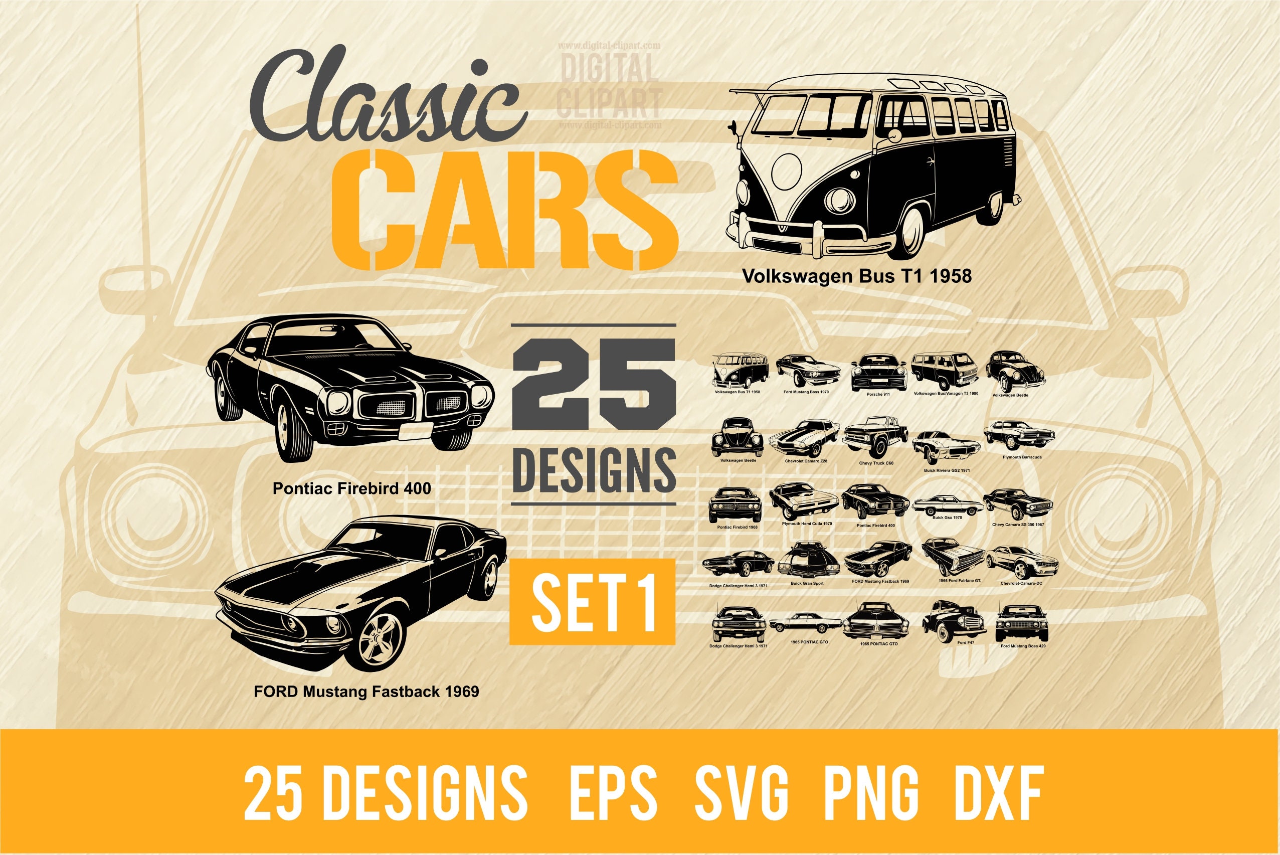 Classic Cars Pack 25 SVG Vector Clipart Cut Ready Clip Art Cricut File ...