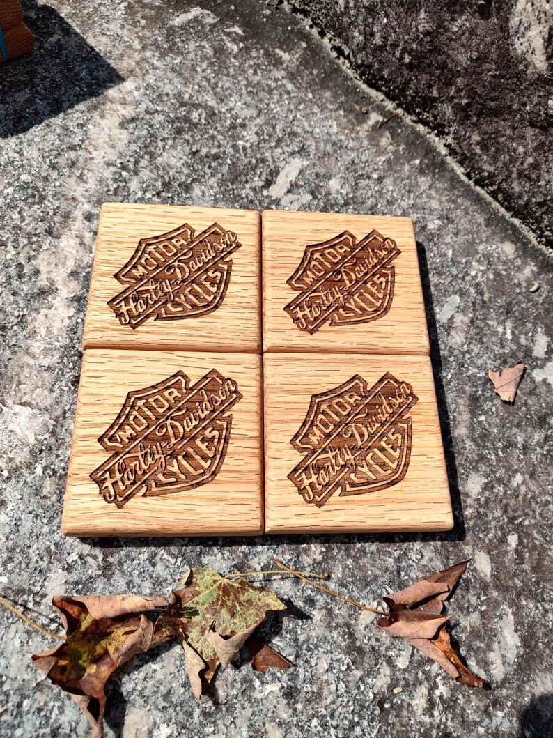 Custom Wood Engraved Oak Coasters Harley Davison Inspired, Bar and ...