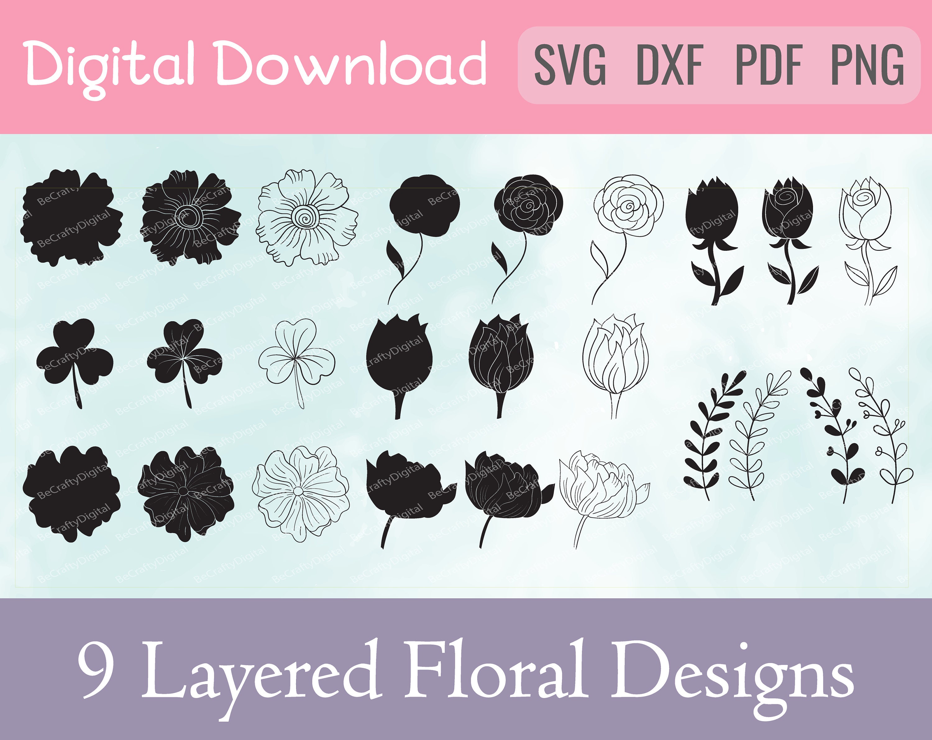 Floral SVG Pack Layered Flower Graphics Vector Cut Files Digital ...