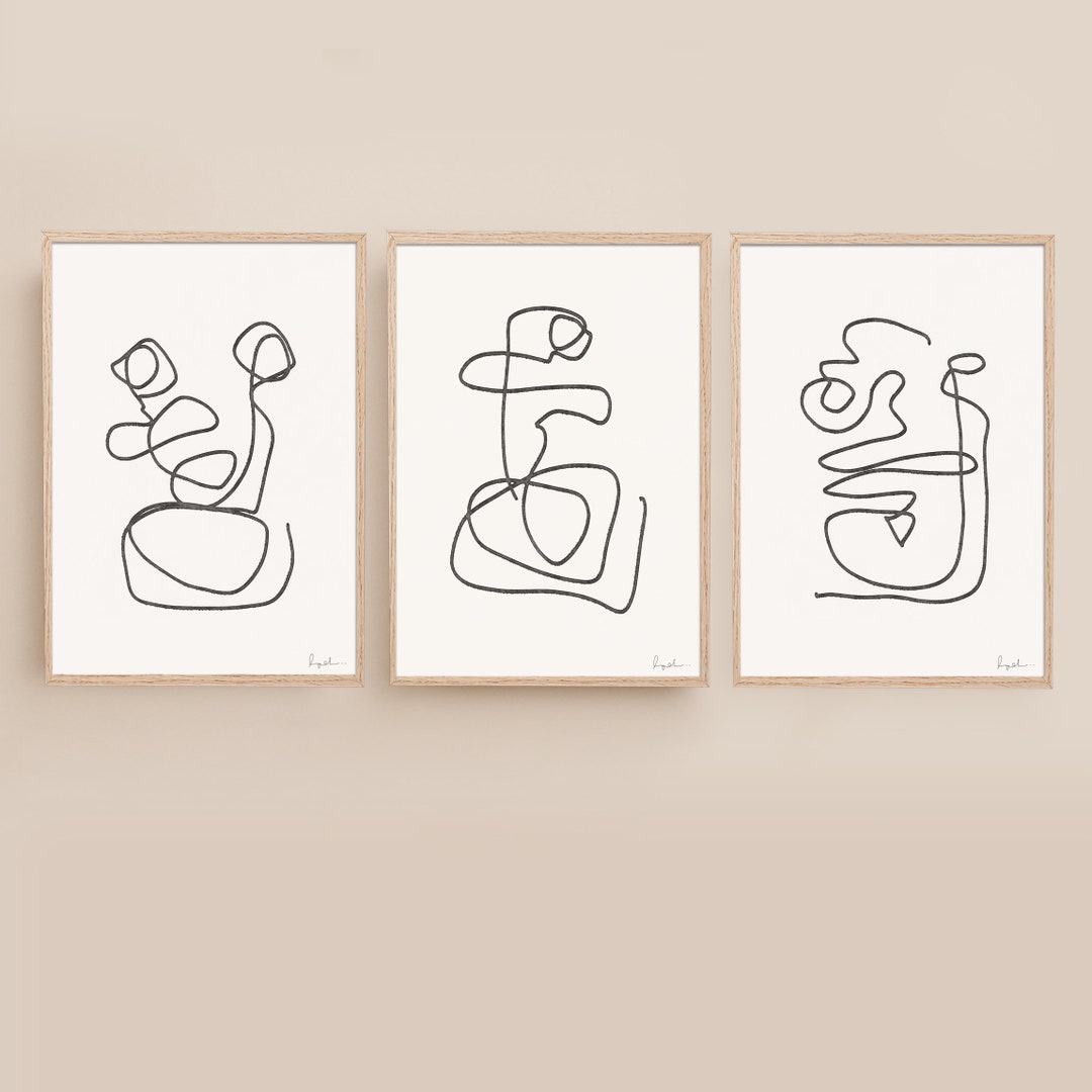Line Art Set of 3, Minimalist Digital Print, Living Room Wall Art Set ...