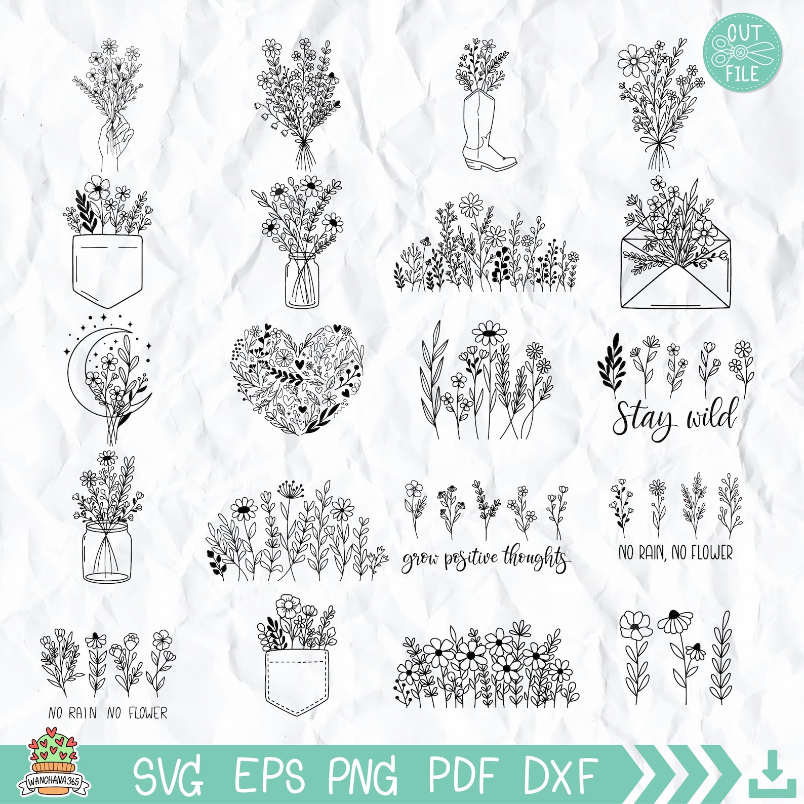Wildflower SVG Bundle: Floral Moon, Bouquet Cut Files (digital Download ...